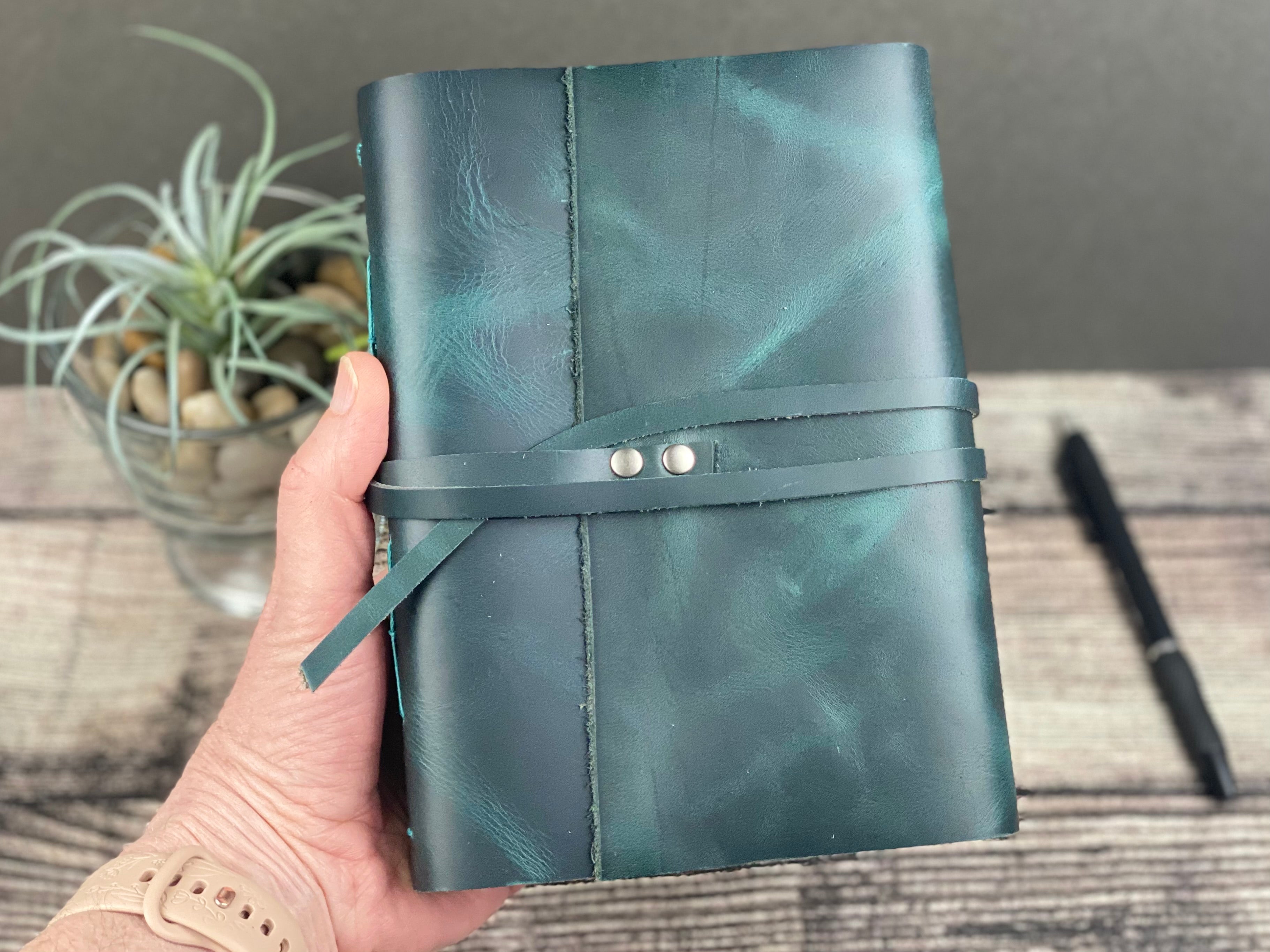 5x7 Blank Leather Journal in Peacock Cowhide – Scroll & Ink